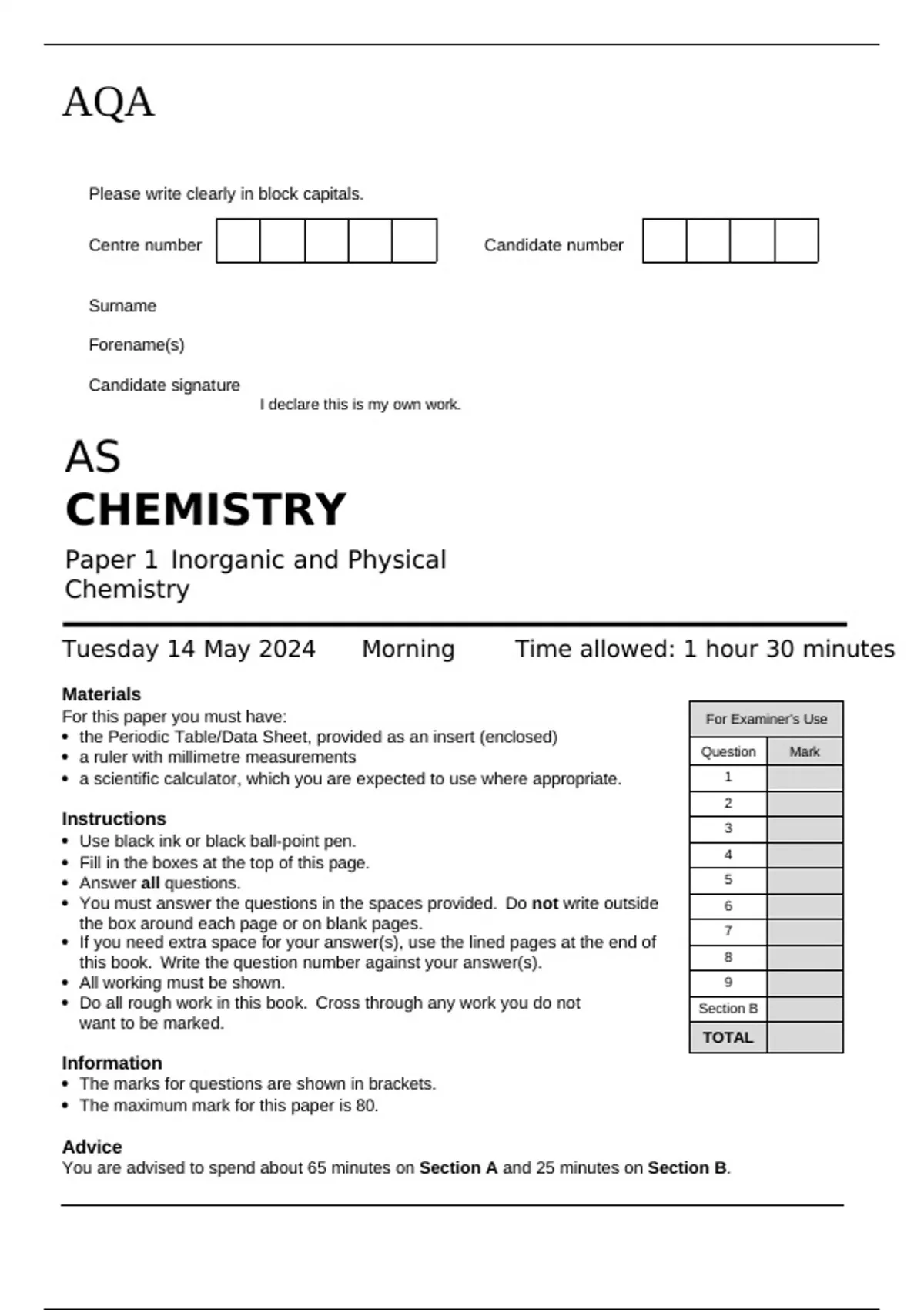 AQA AS CHEMISTRY Paper 1 Inorganic and Physical Chemistry June 2024 ...