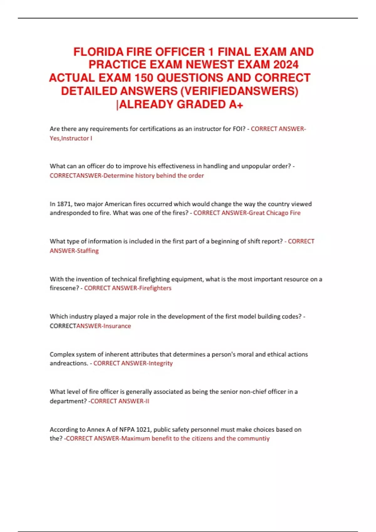 FLORIDA FIRE OFFICER 1 FINAL EXAM 2024 150 QNS & CORRECT DETAILED ANS ...