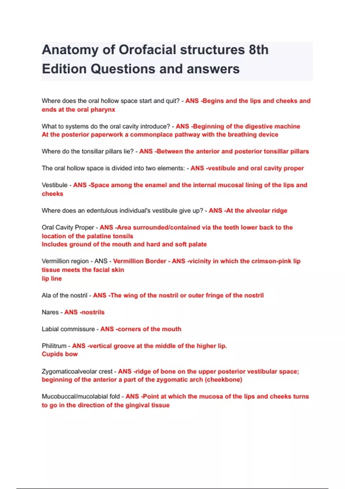 Anatomy of Orofacial structures 8th Edition - Oral Anatomy - Stuvia US