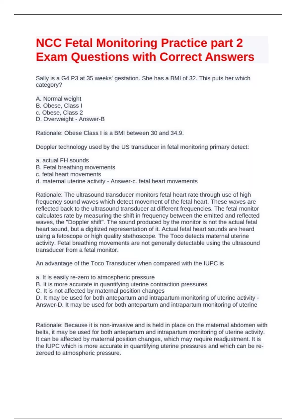 NCC Fetal Monitoring Practice part 2 Exam Questions with Correct ...
