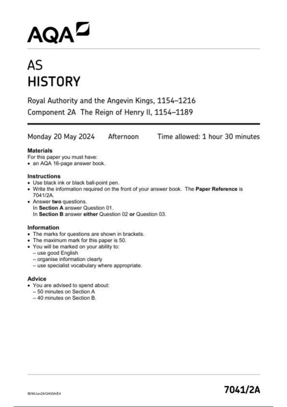 AQA History7041 all question papers and mark scheme History AS May 2024 ...