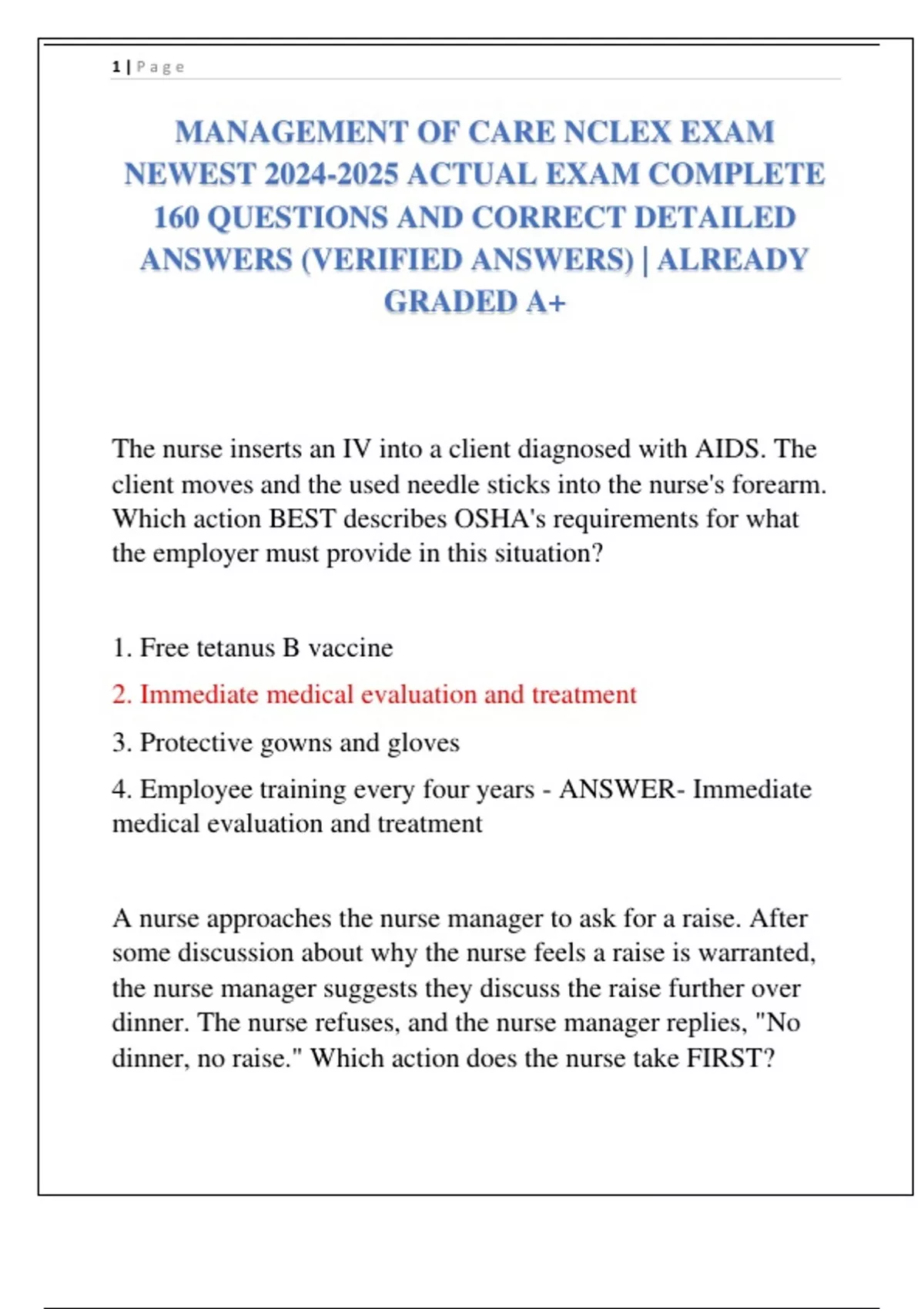 MANAGEMENT OF CARE NCLEX EXAM NEWEST ACTUAL EXAM COMPLETE 160 QUESTIONS ...