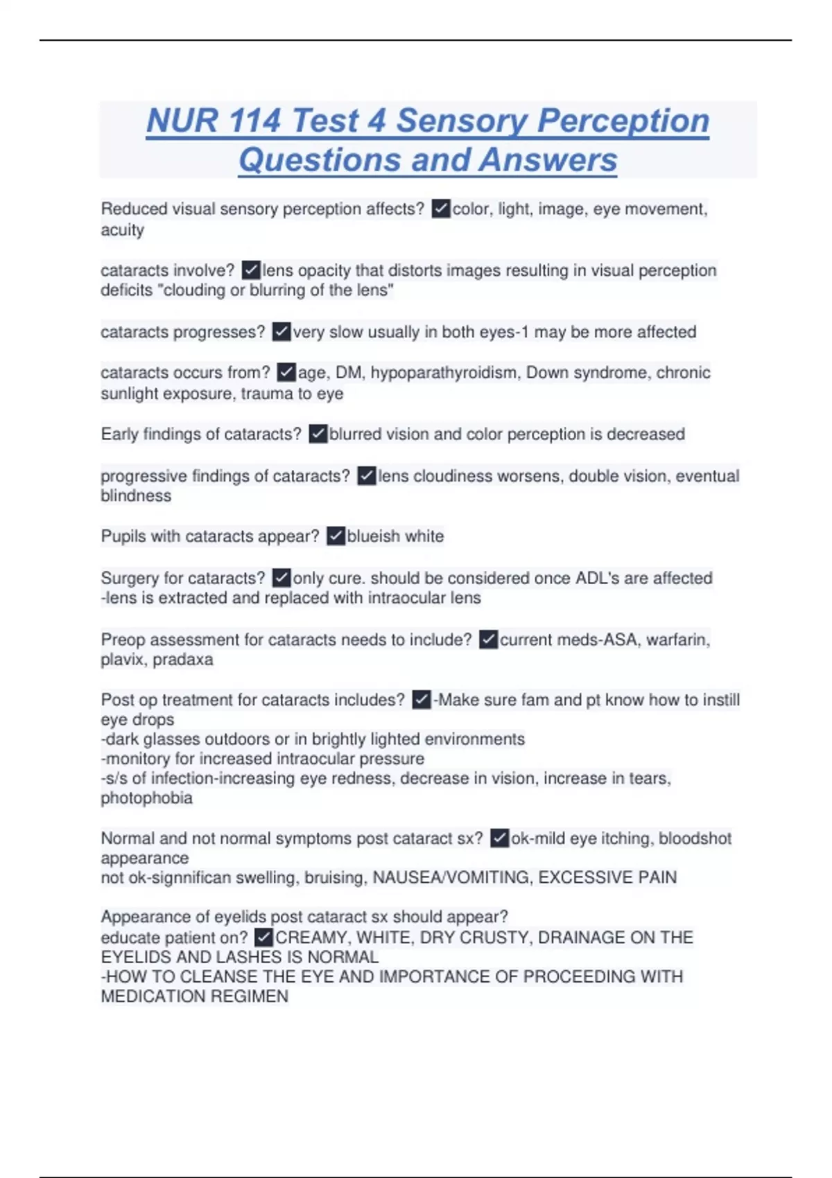 NUR 114 Test 4 Sensory Perception Questions and Answers - NUR 114 ...