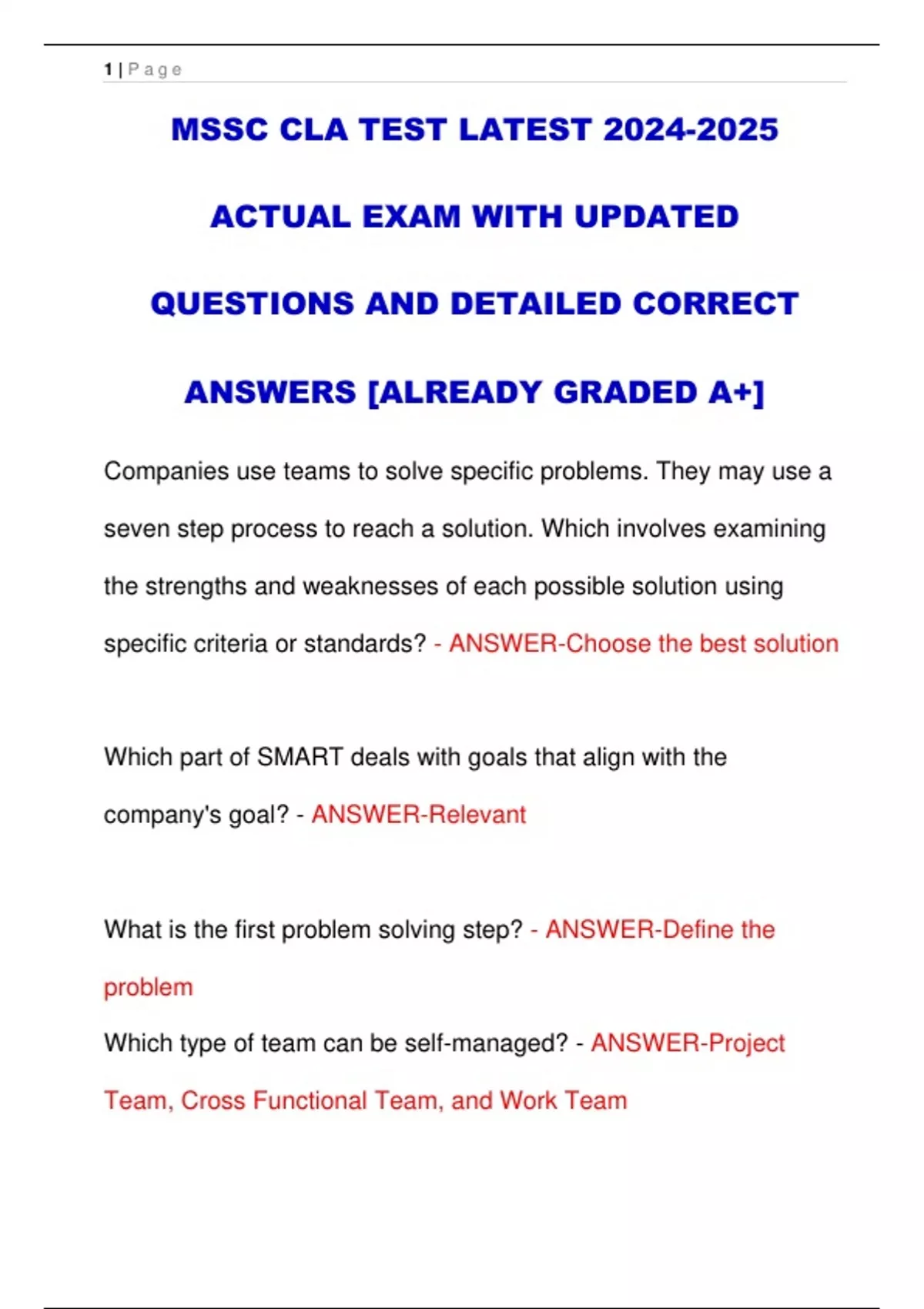 MSSC CLA TEST LATEST ACTUAL EXAM WITH UPDATED QUESTIONS AND DETAILED ...