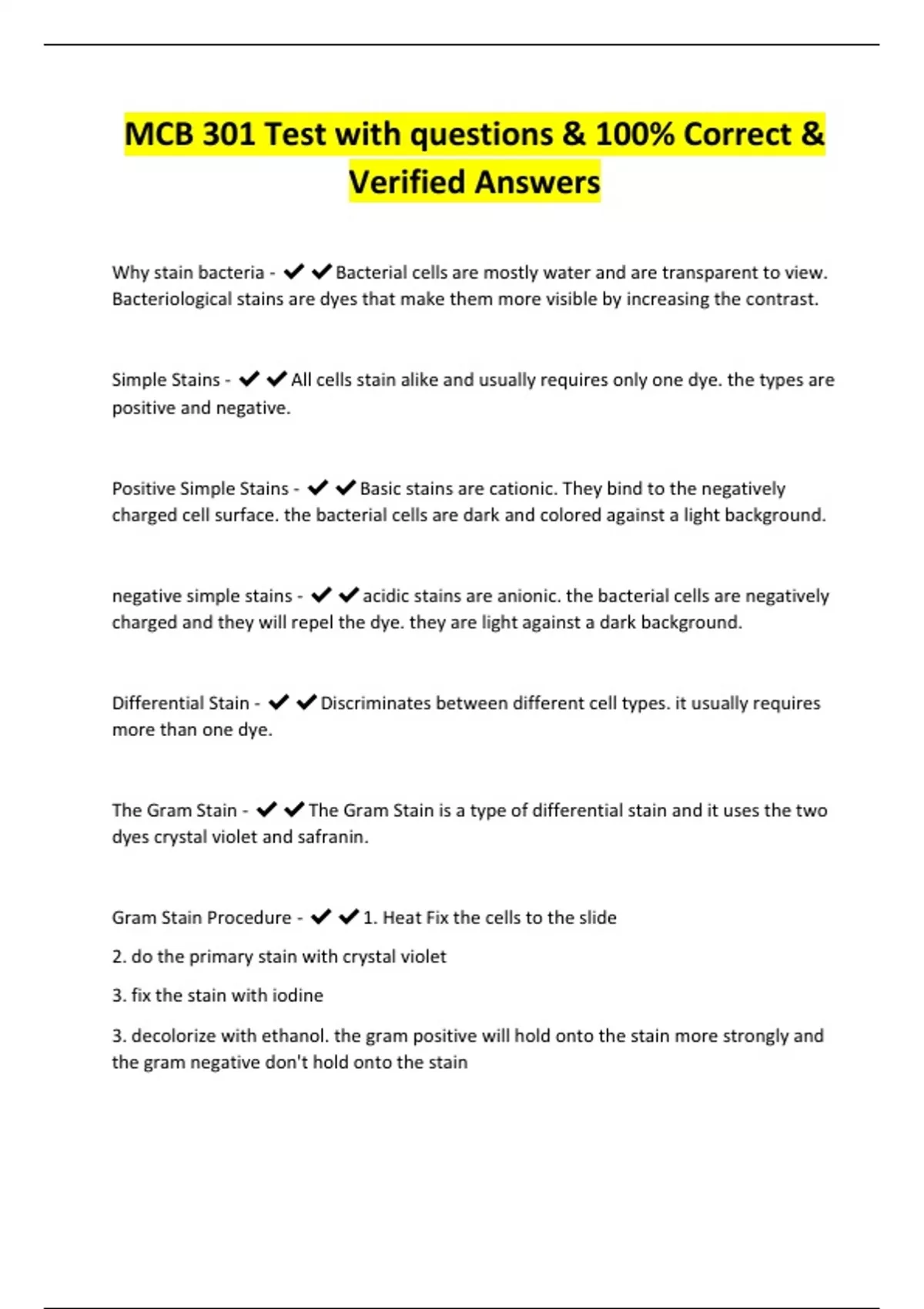 MCB 301 Test with questions & 100% Correct & Verified Answers - MCB 301 ...