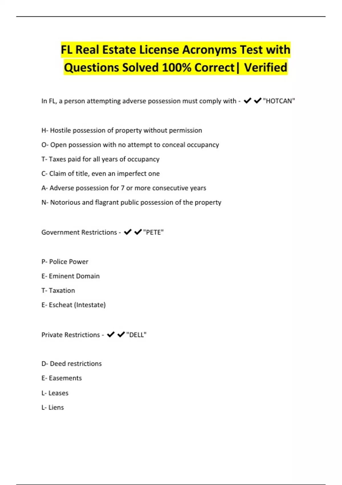 FL Real Estate License Acronyms Test with Questions Solved 100% Correct ...