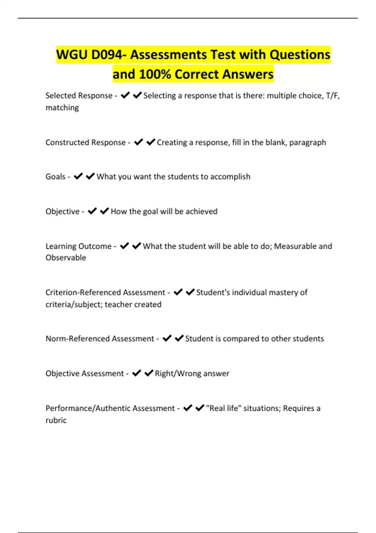 WGU D094- Assessments Test with Questions and 100% Correct Answers ...