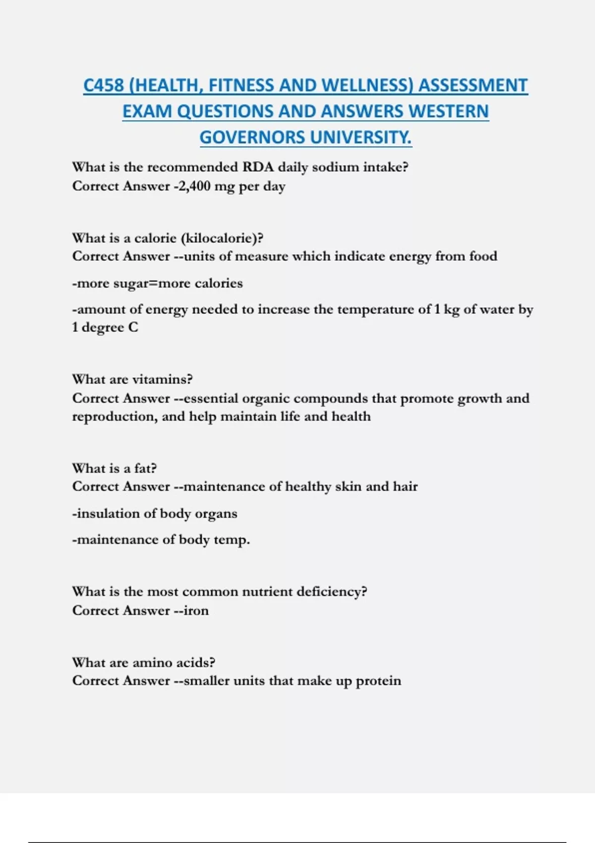 WGU C458 (HEALTH, FITNESS AND WELLNESS) COMBINED EXAM QUESTIONS AND ...