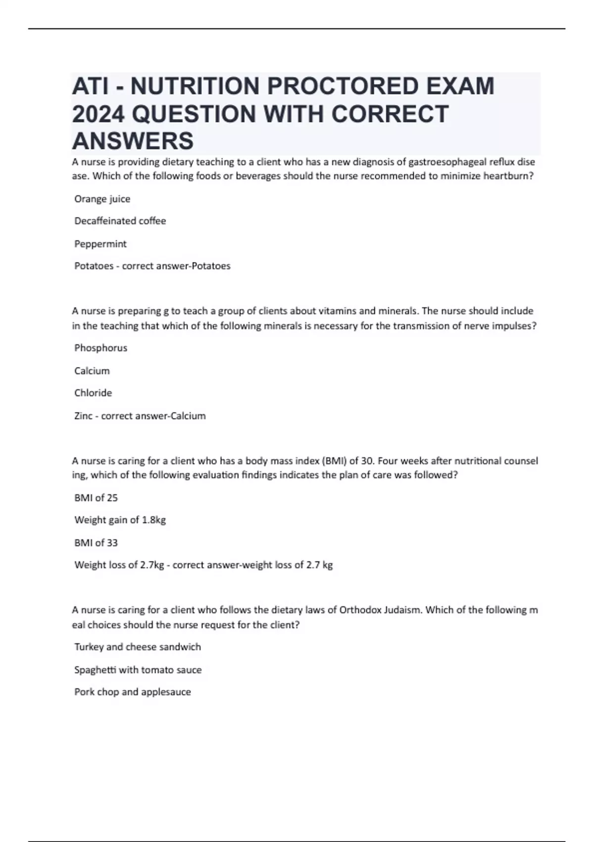ATI - NUTRITION PROCTORED EXAM 2024 QUESTION WITH CORRECT ANSWERS - ATI ...