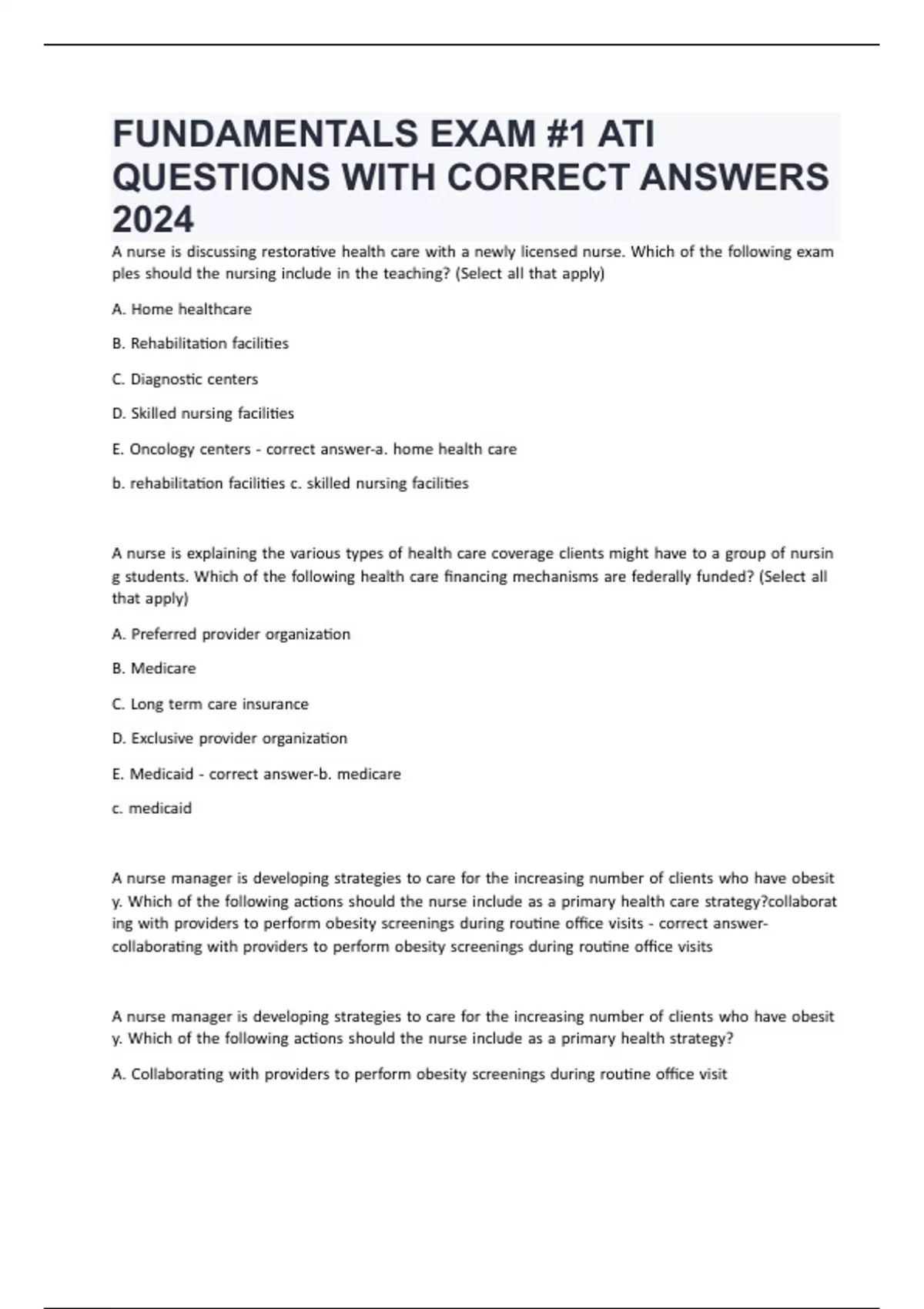 FUNDAMENTALS EXAM -1 ATI QUESTIONS WITH CORRECT ANSWERS 2024 - ATI ...