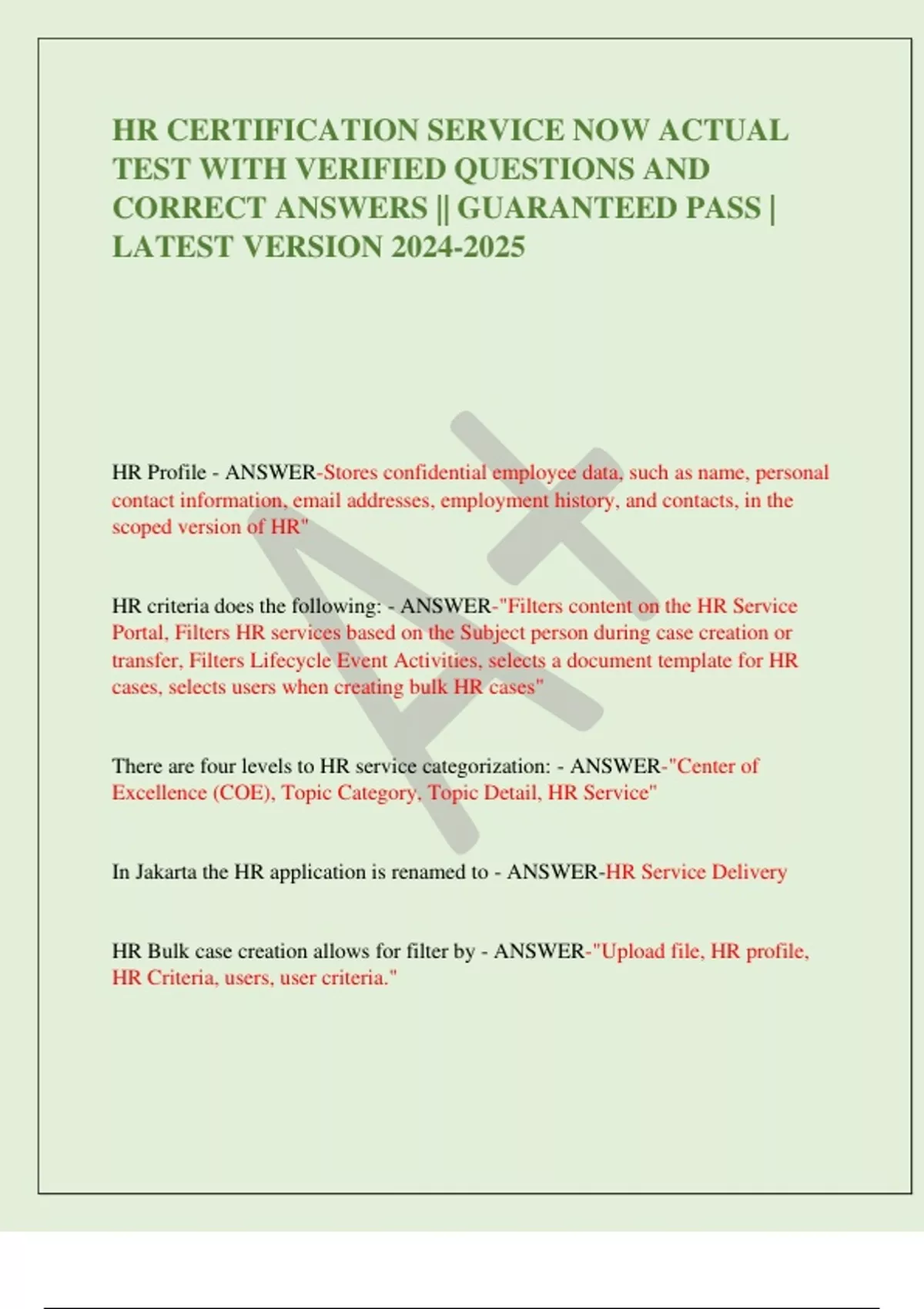 HR CERTIFICATION SERVICE NOW ACTUAL TEST WITH VERIFIED QUESTIONS AND ...