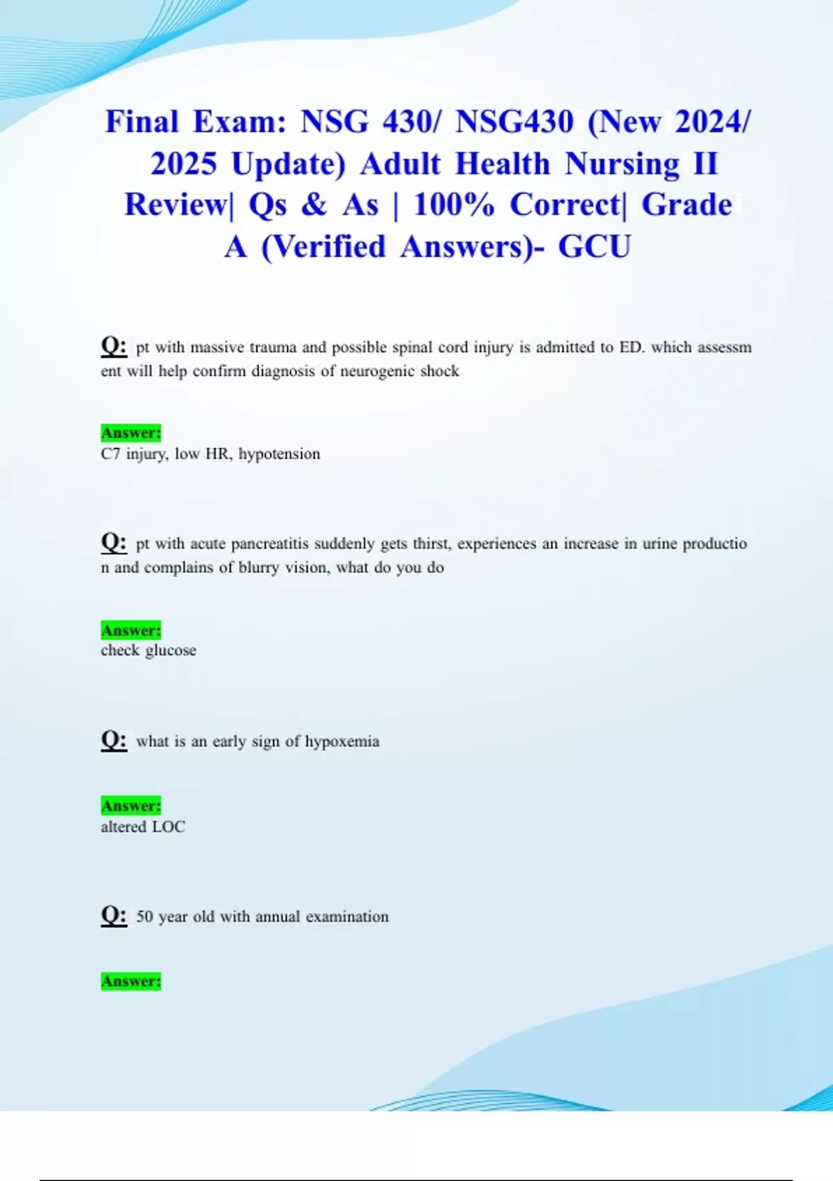 Final Exam: NSG 430/ NSG430 (New 2024/ 2025 Update) Adult Health Nursing II Review| Qs & As ...