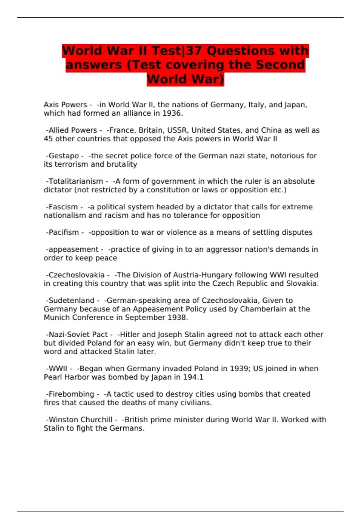 World War II Test|37 Questions with answers (Test covering the Second ...