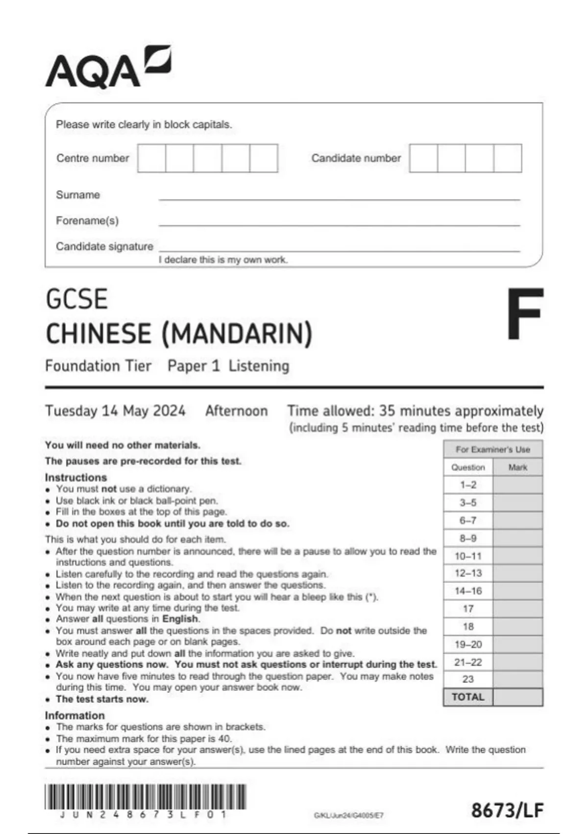 AQA GCSE Chinese (Mandarin) 8673 LF question paper ChineseMandarin ...