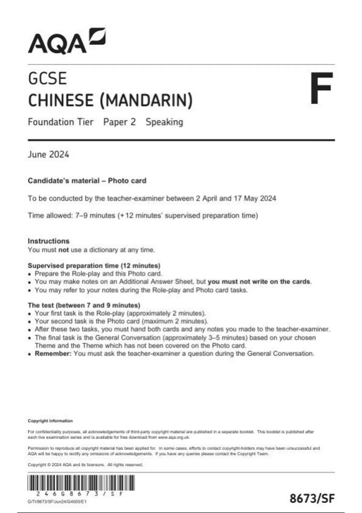 AQA GCSE Chinese (Mandarin) 8673 SF PC ChineseMandarin 2Apr24to17May ...