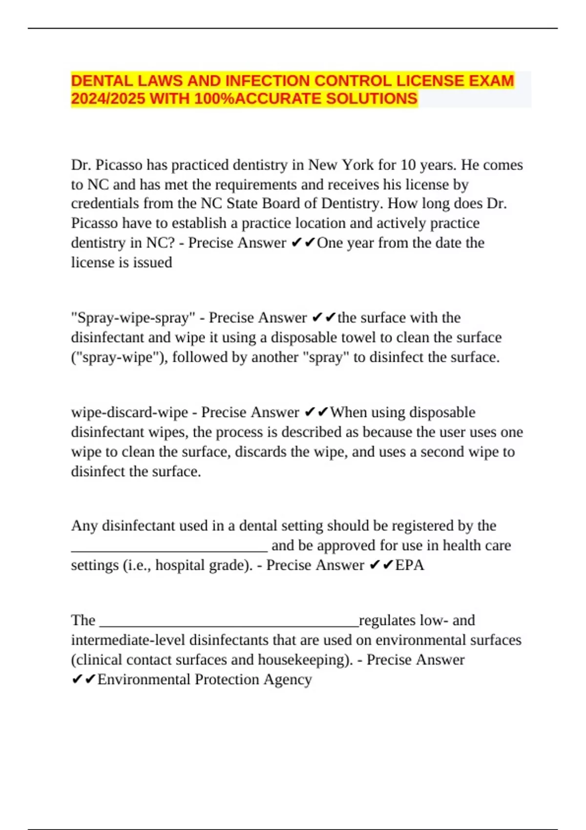 DENTAL LAWS AND INFECTION CONTROL LICENSE EXAM 2024/2025 WITH 100 ...