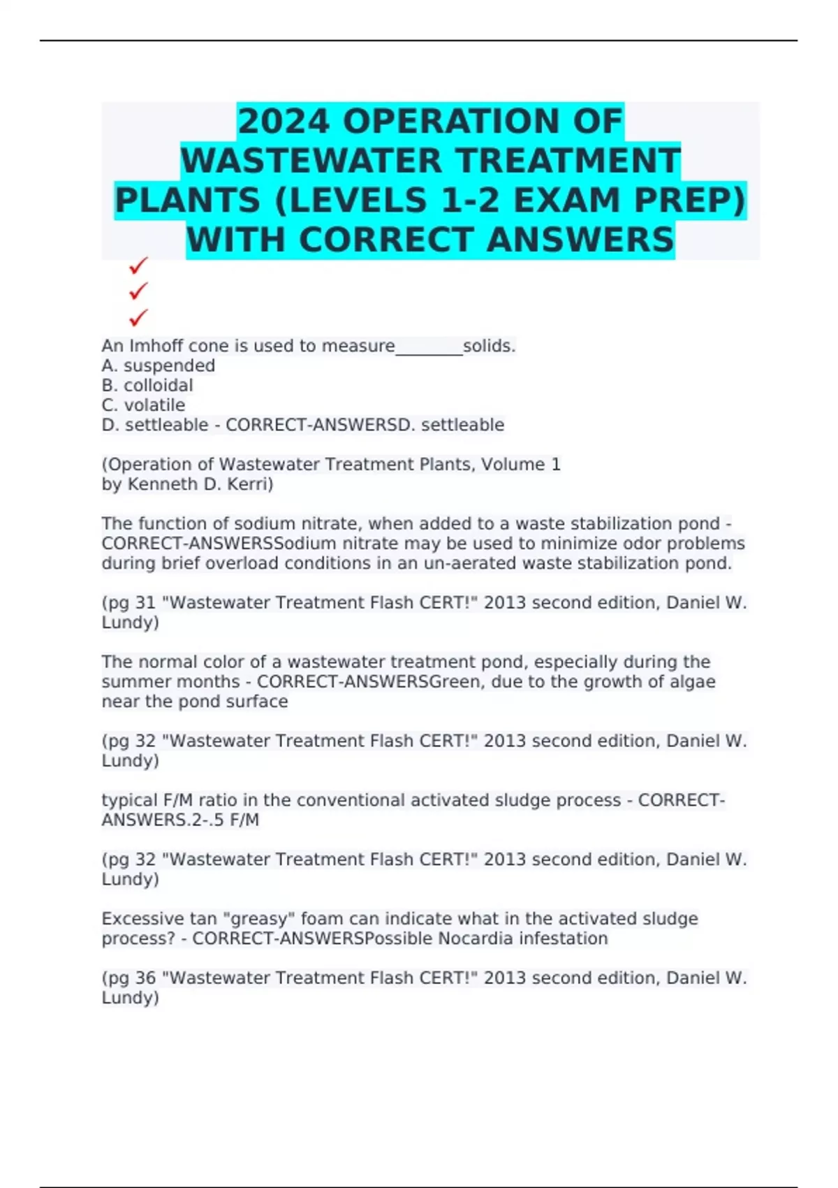 2024 OPERATION OF WASTEWATER TREATMENT PLANTS (LEVELS 1-2 EXAM PREP ...