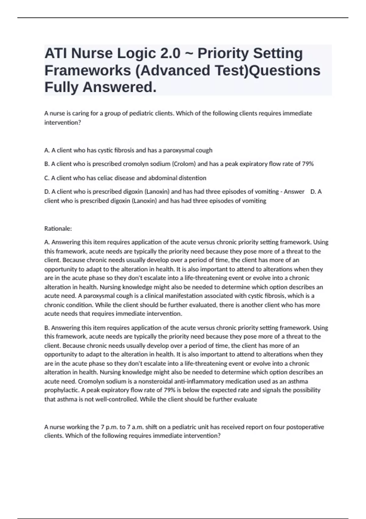 Ati Nurse Logic 2 0 ~ Priority Setting Frameworks Advanced Test Questions Fully Answered Ati