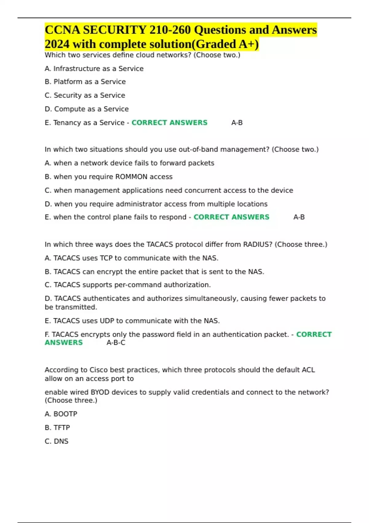 CCNA SECURITY 210-260 Questions and Answers 2024 with complete solution(Graded A+) - CCNA ...