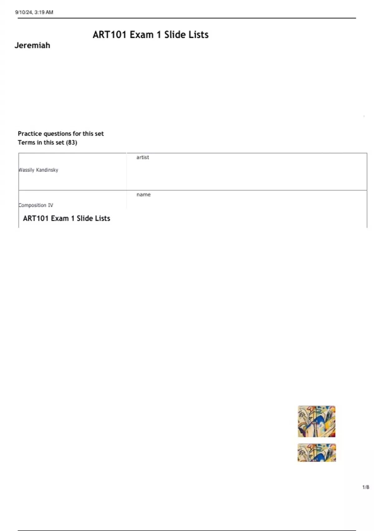 ART101 Exam 1 Slide Lists (FOR ALL YOUR LAST MINUTE STUDYING NEEDS ...