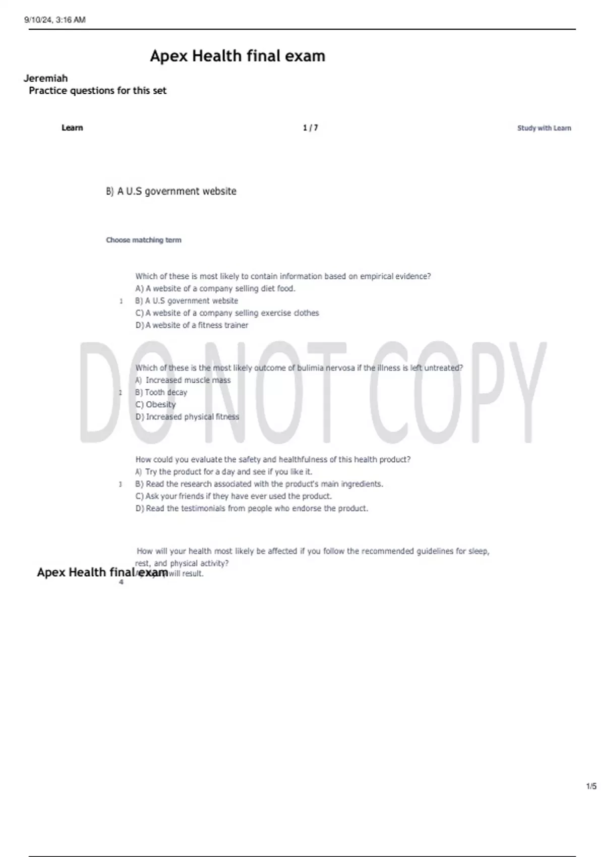 Apex Health final exam _WITH 100- SURE ANSWERS (FOR ALL YOUR LAST ...