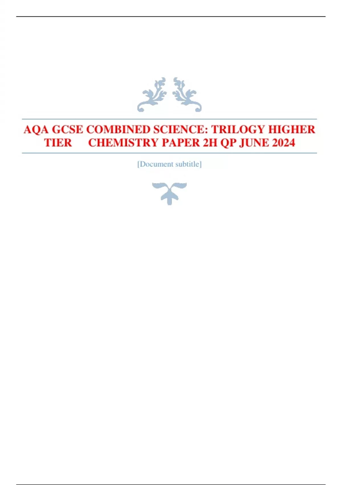 AQA GCSE COMBINED SCIENCE: TRILOGY HIGHER TIER CHEMISTRY PAPER 2H QP ...
