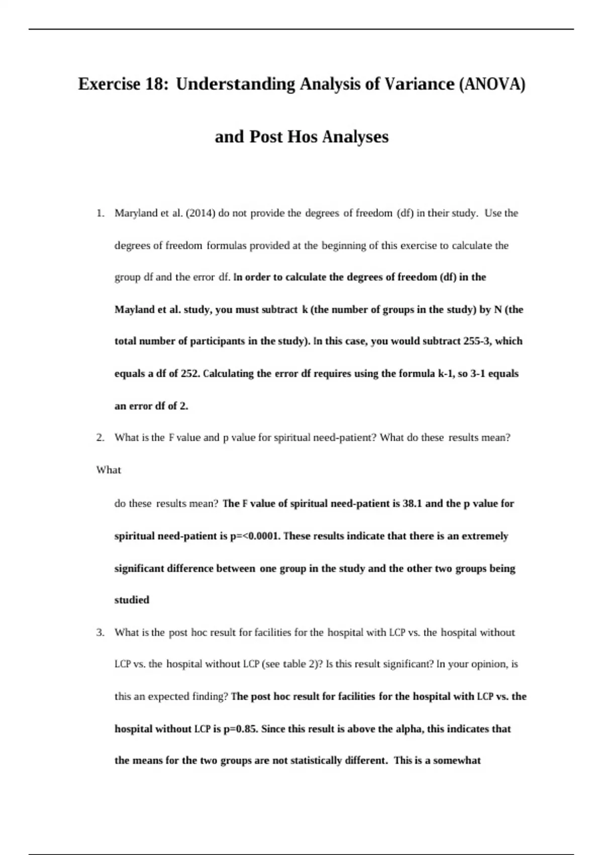 Exercise 18 Understanding Analysis of Variance (ANOVA) and Post Hos Analyses - MATH 302 - Stuvia US