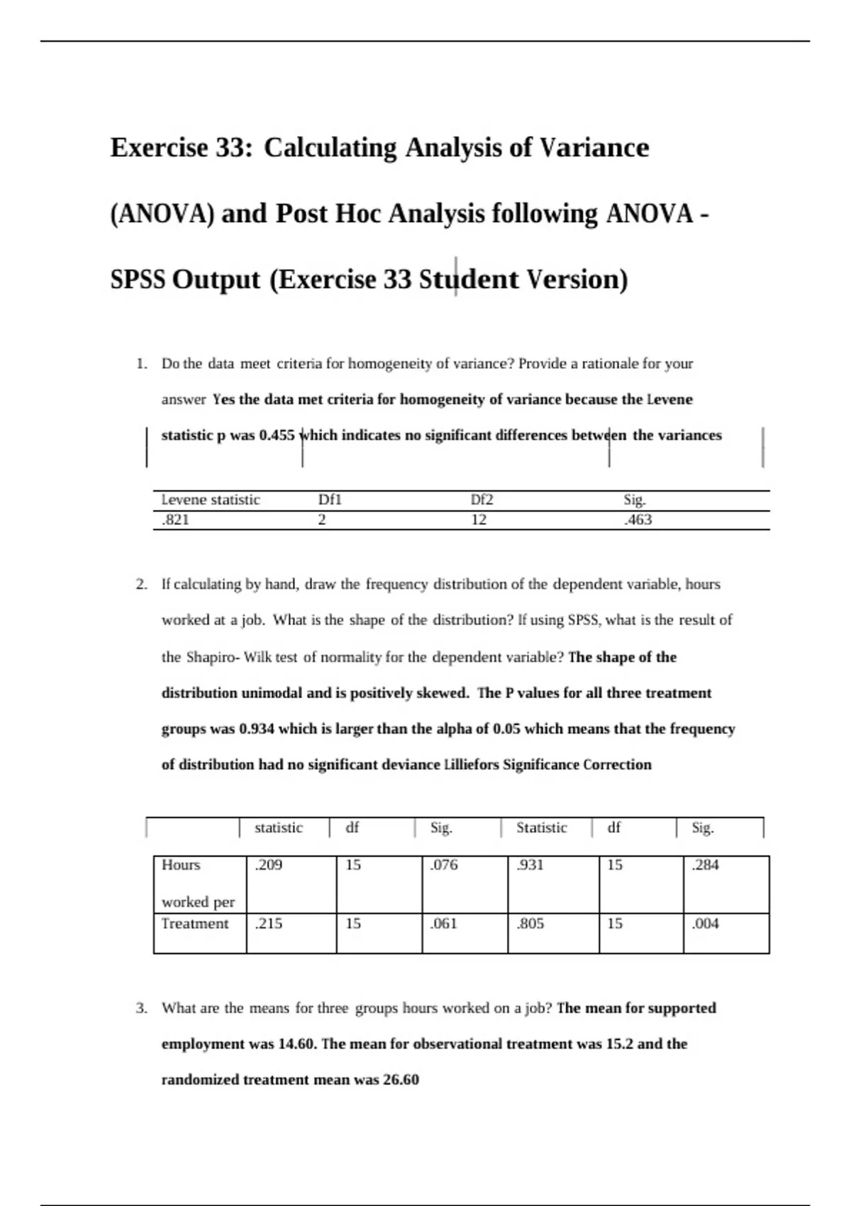 Exercise 33 Calculating Analysis of Variance (ANOVA) and Post Hoc Analysis following ANOVA ...