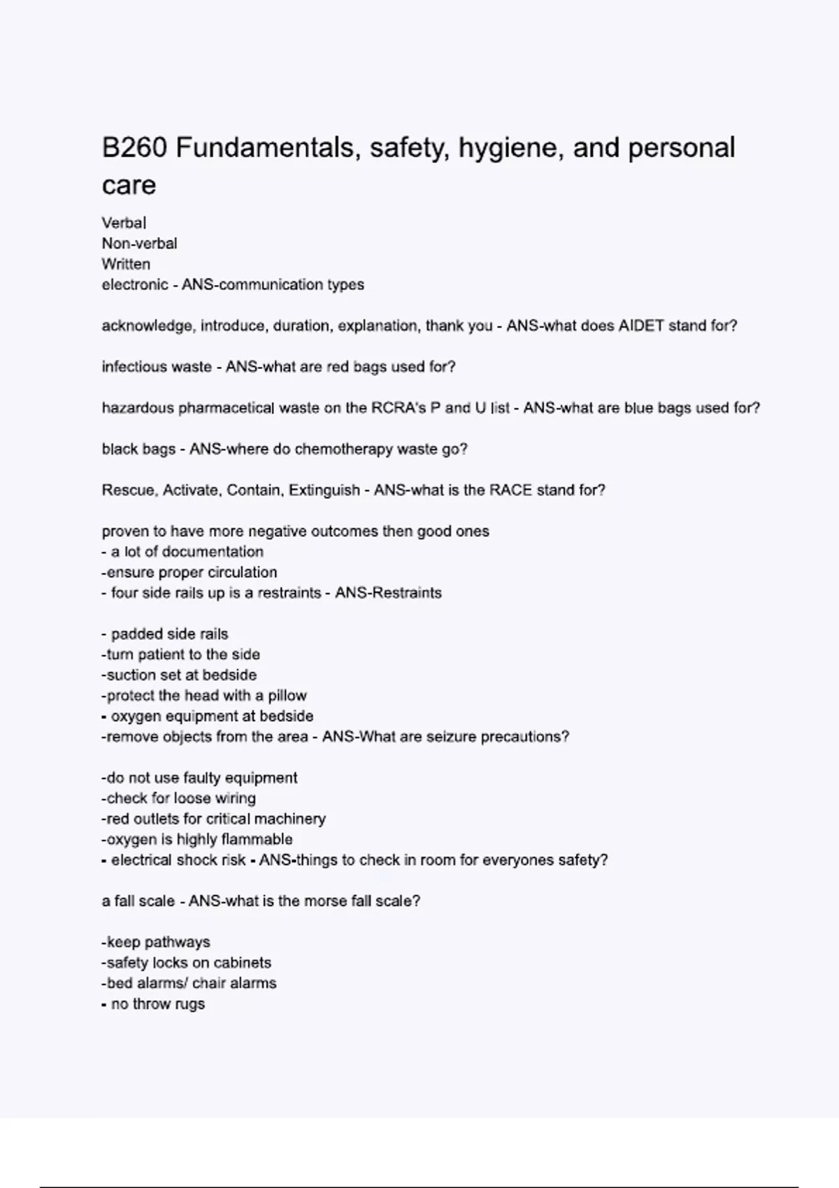 B260 Fundamentals, safety, hygiene, and personal care. Questions & 100% ...