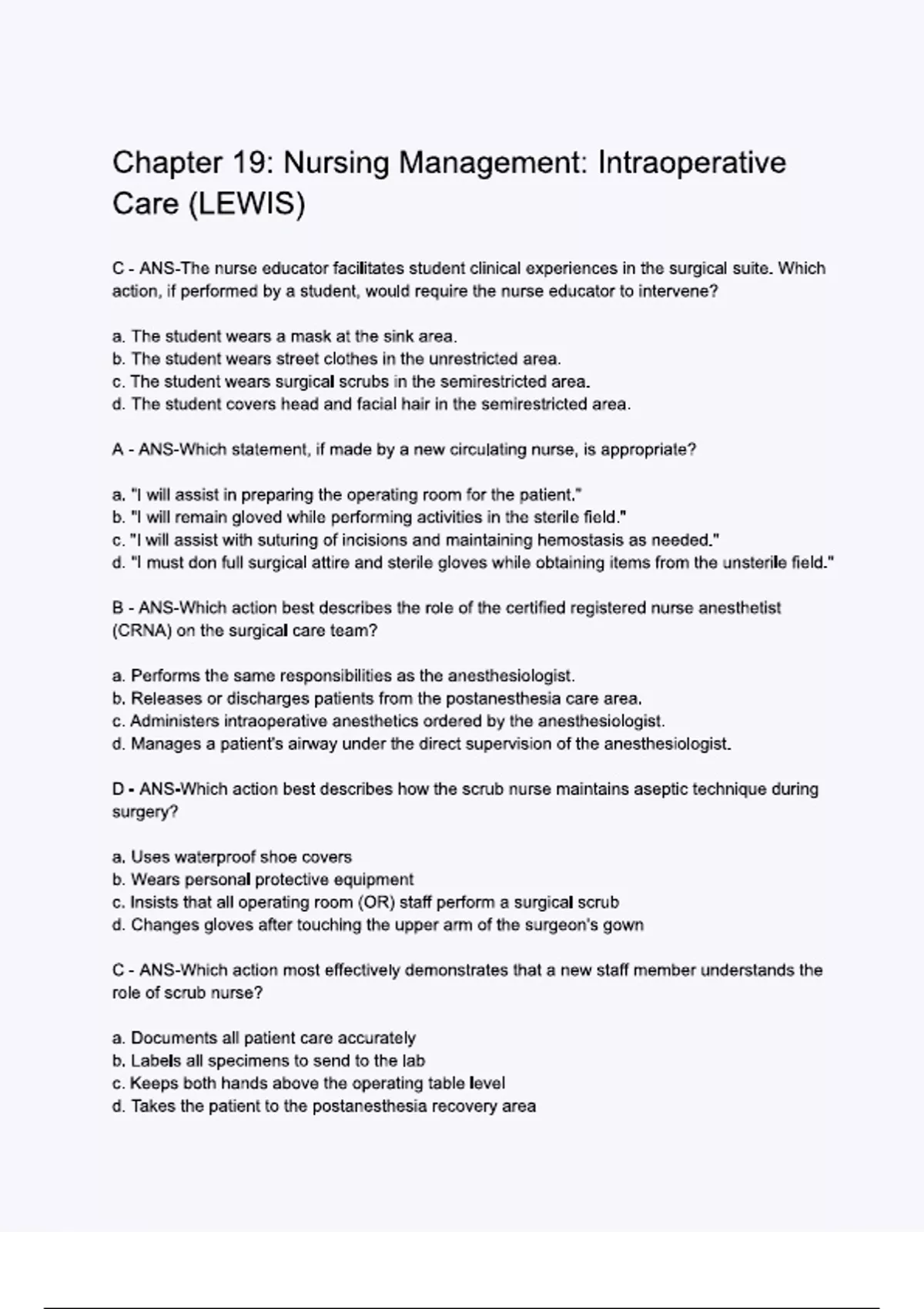 Chapter 19 Nursing Management Intraoperative Care (LEWIS) Questions ...