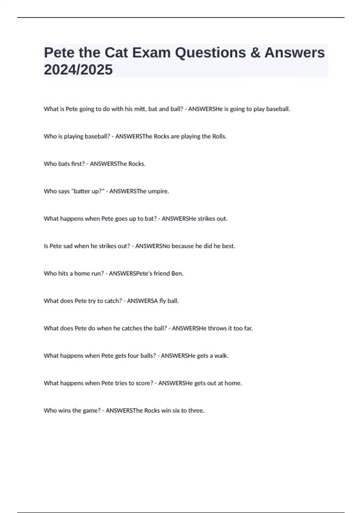 Pete the Cat Exam Questions & Answers 2024/2025 - Pete the Cat - Stuvia US