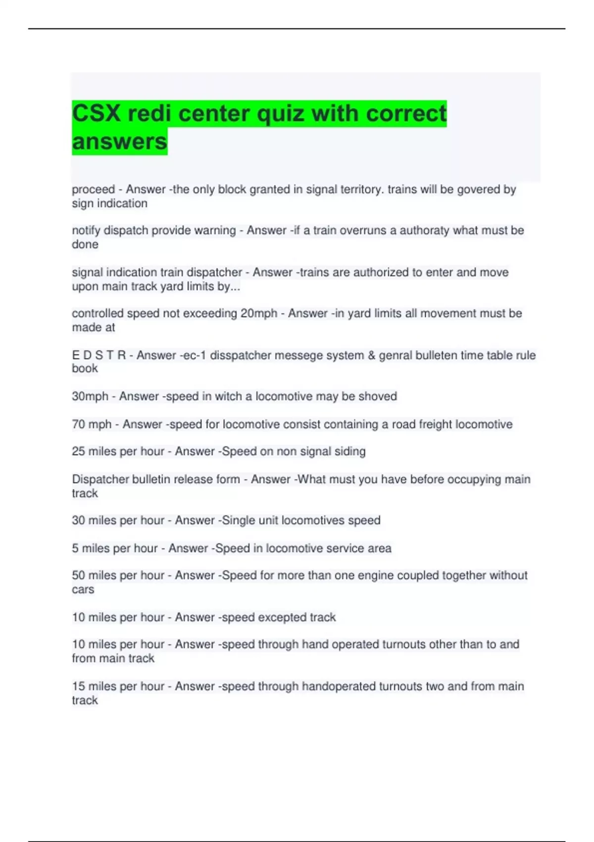 CSX redi center quiz with correct answers - CSX - Stuvia US