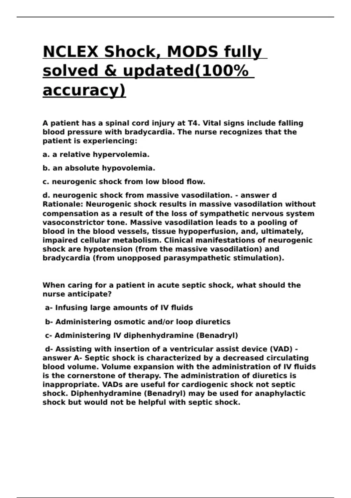 NCLEX Shock, MODS fully solved & updated(100% accuracy) - Shock, Sepsis ...
