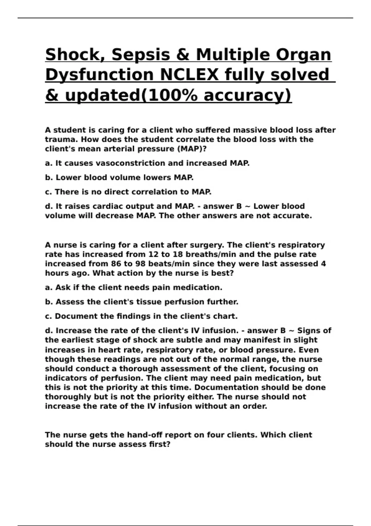 Shock, Sepsis & Multiple Organ Dysfunction NCLEX fully solved & updated ...