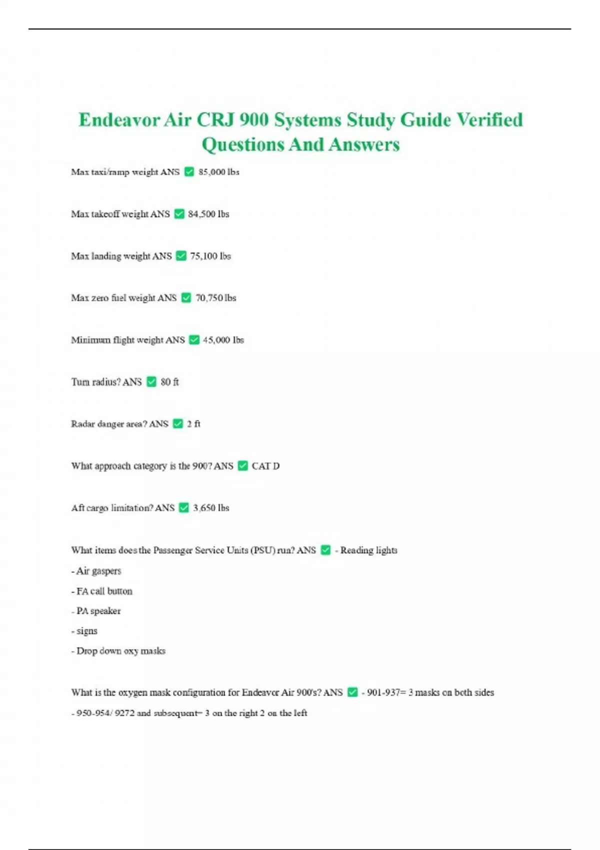 Endeavor Air CRJ 900 Systems Study Guide Verified Questions And Answers - Endeavor Air - Stuvia US