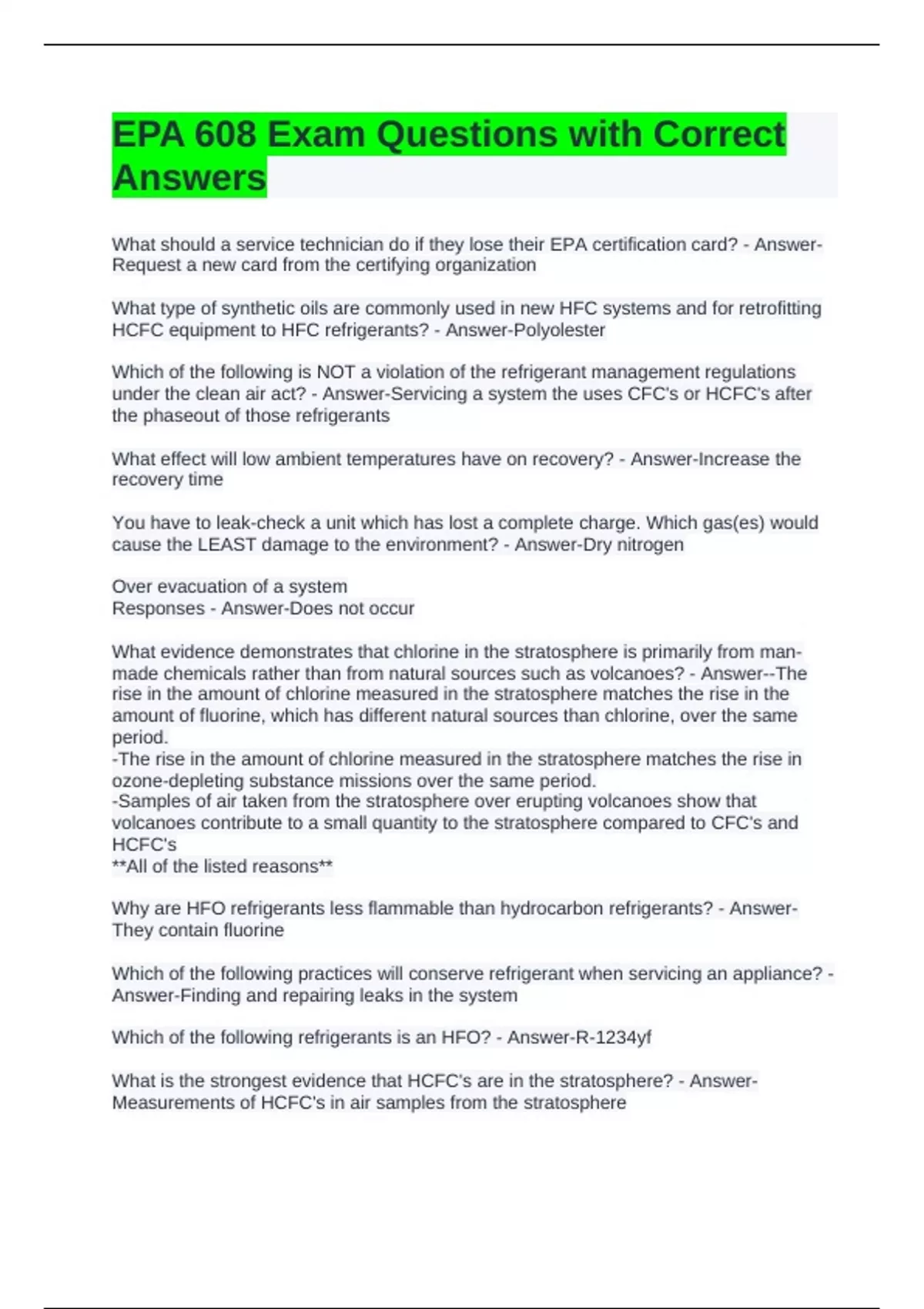 EPA 608 Exam Questions with Correct Answers - Refrigeration machine ...
