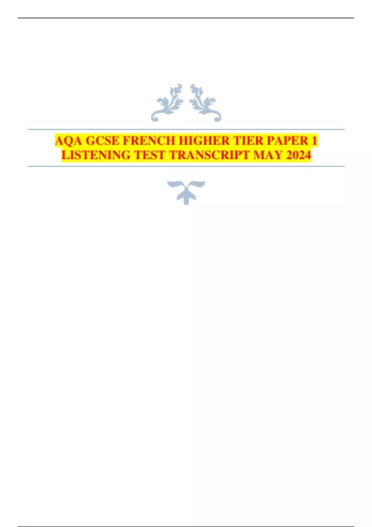 AQA GCSE FRENCH HIGHER TIER PAPER 1 LISTENING TEST TRANSCRIPT MAY 2024 ...