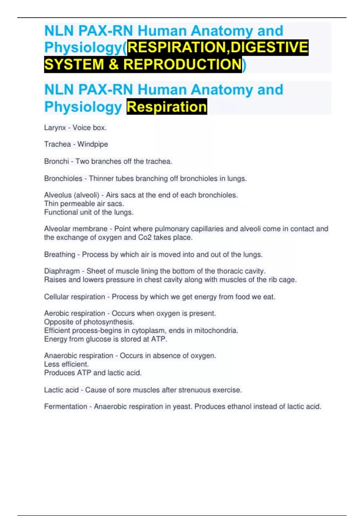 NLN PAX-RN Human Anatomy and Physiology(RESPIRATION,DIGESTIVE SYSTEM ...