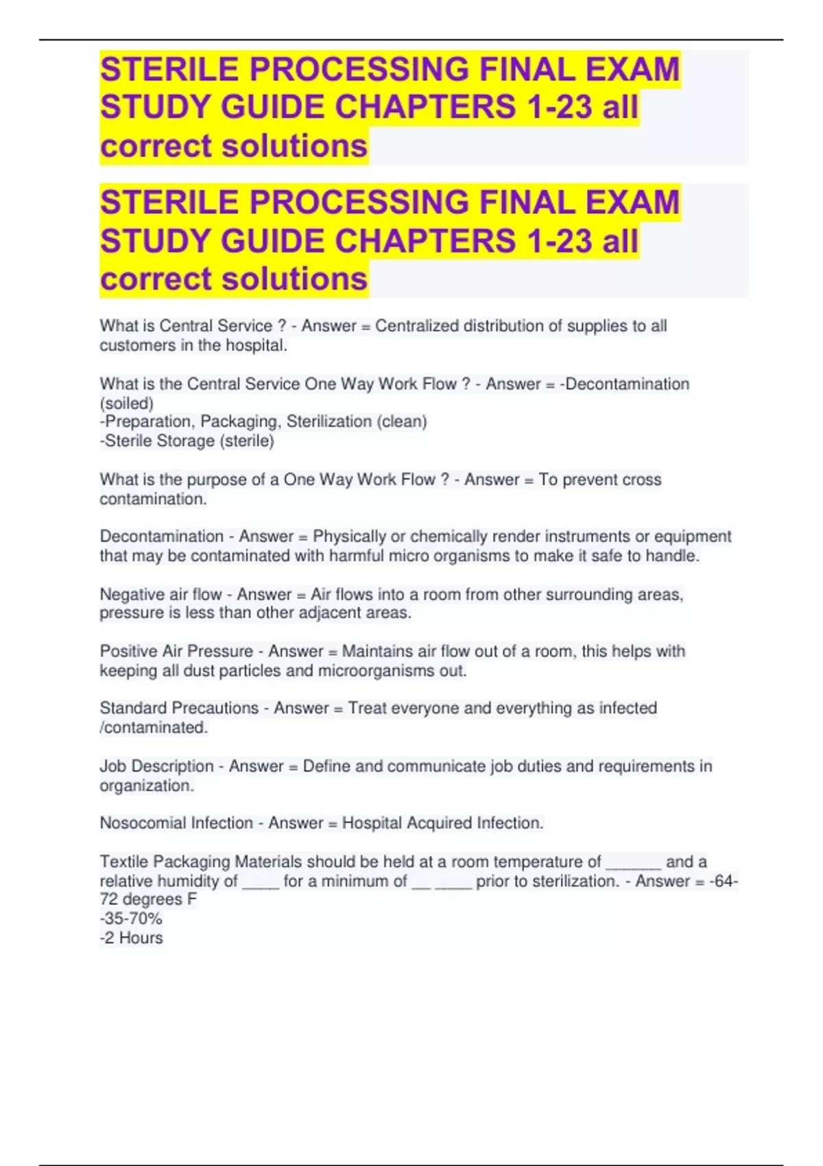 STERILE PROCESSING FINAL EXAM STUDY GUIDE CHAPTERS 1-23 all correct solutions - Sterile ...