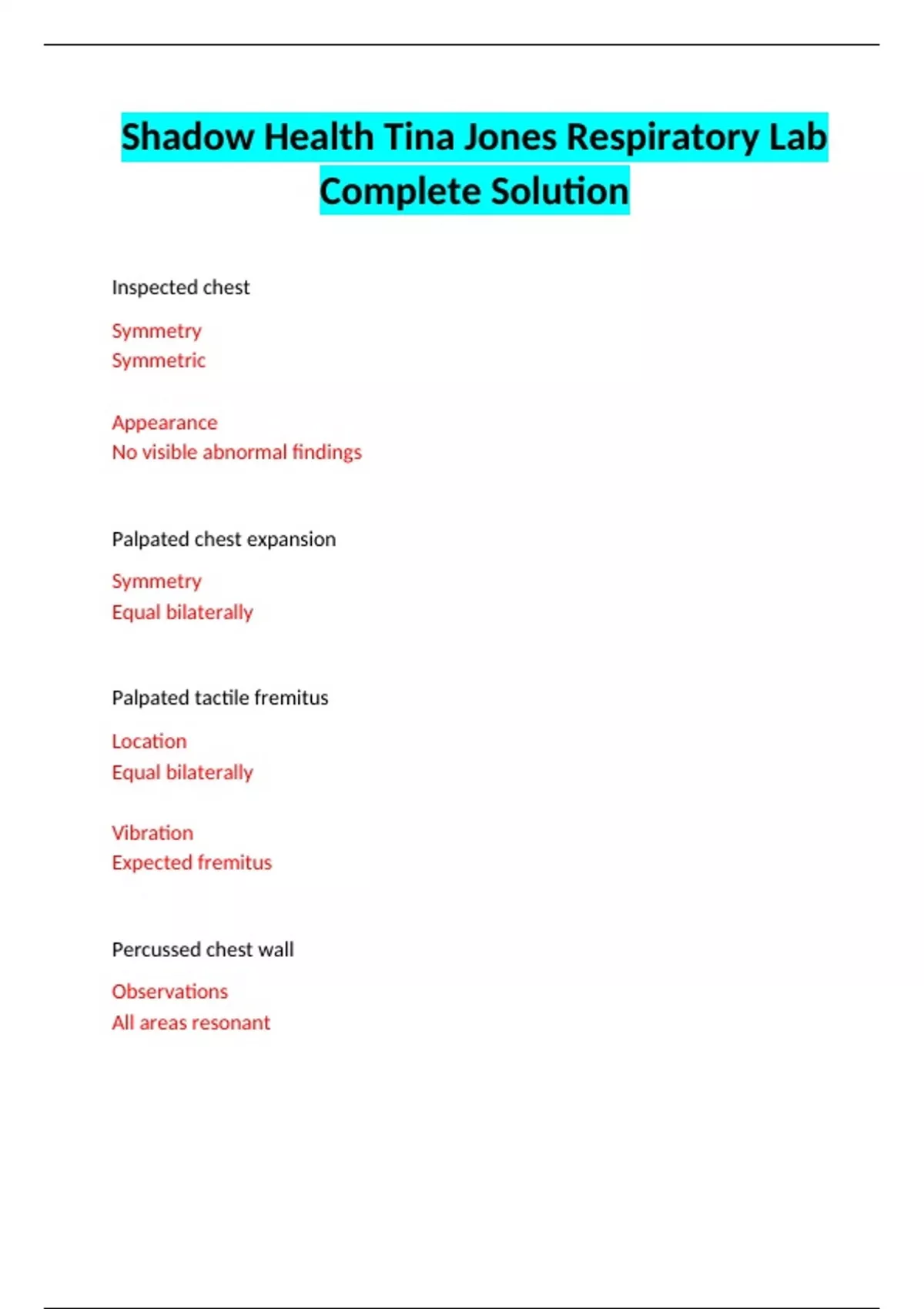 Shadow Health Tina Jones Respiratory Lab Complete Solution - Shadow ...