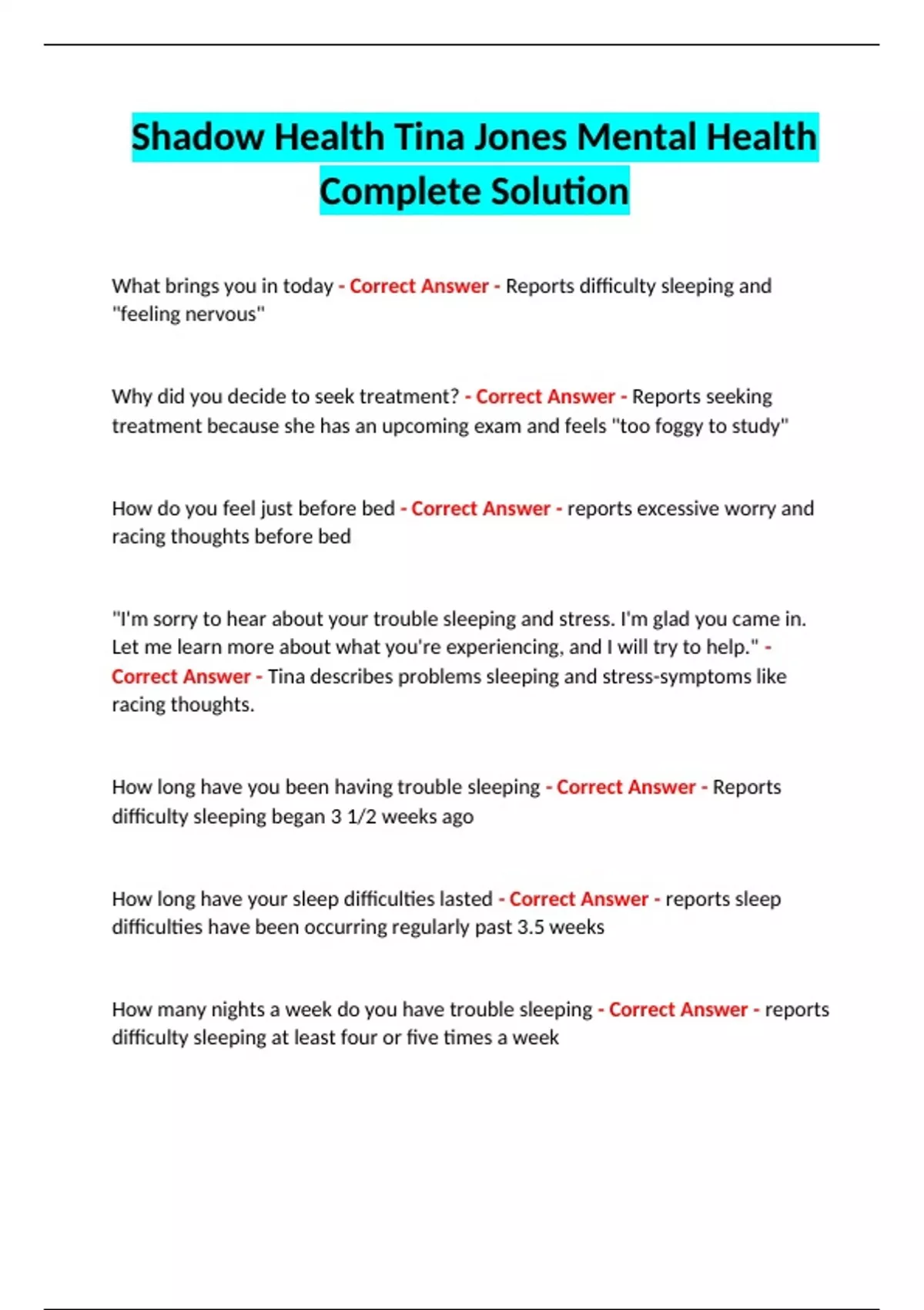 Shadow Health Tina Jones Mental Health Complete Solution - Shadow ...
