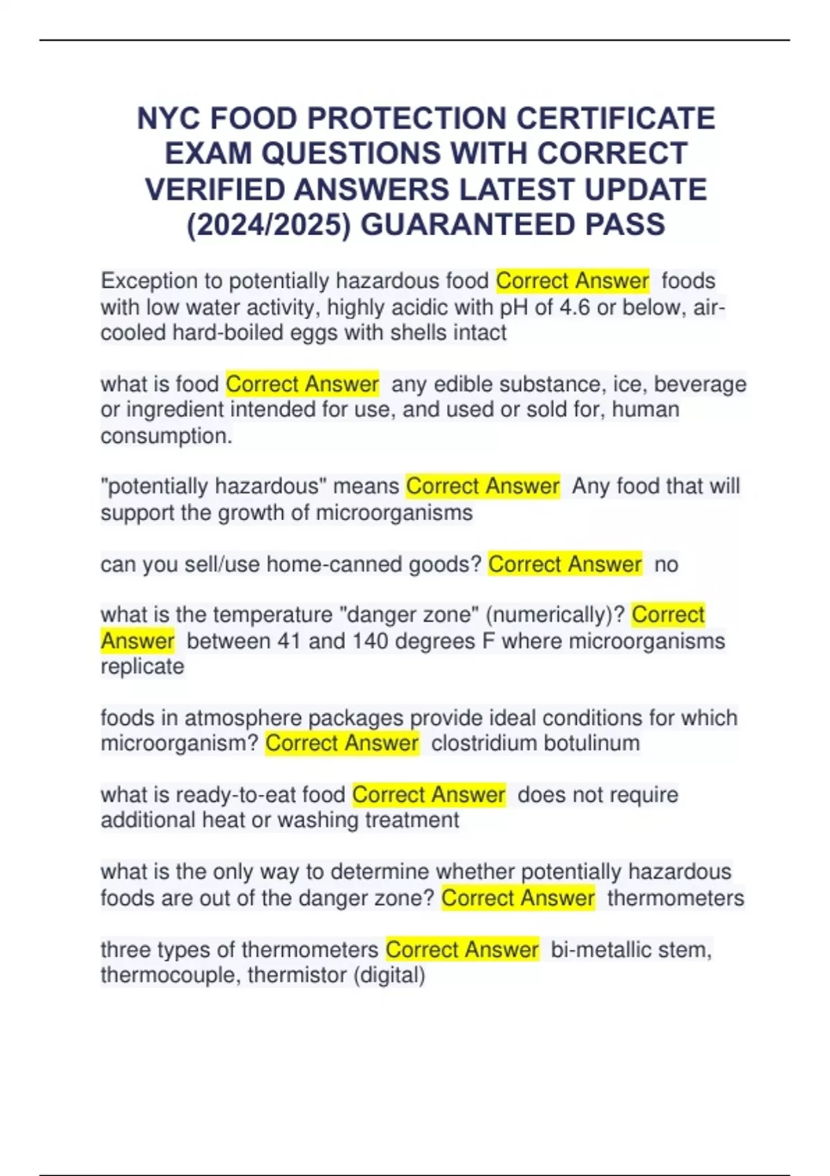 NYC FOOD PROTECTION CERTIFICATE EXAM QUESTIONS WITH CORRECT VERIFIED ...