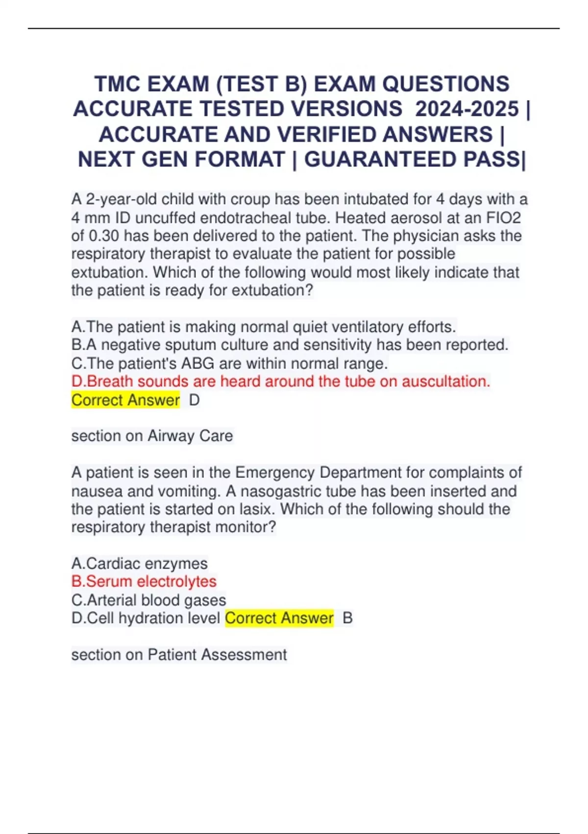 TMC EXAM (TEST B) EXAM QUESTIONS ACCURATE TESTED VERSIONS | ACCURATE ...