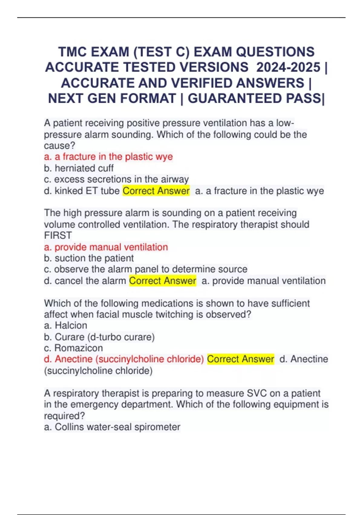 TMC EXAM (TEST C) EXAM QUESTIONS ACCURATE TESTED VERSIONS | ACCURATE ...