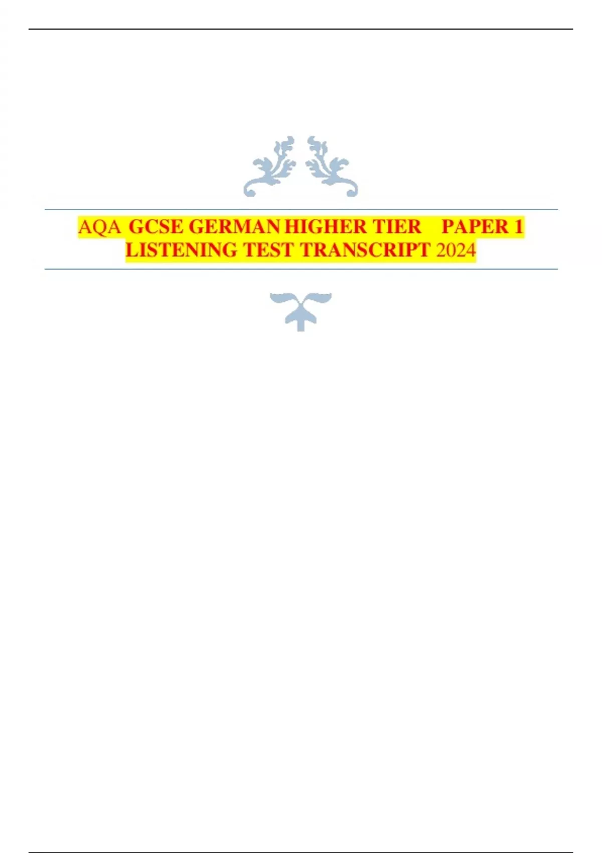 AQA GCSE GERMAN HIGHER TIER PAPER 1 LISTENING TEST TRANSCRIPT 2024 ...