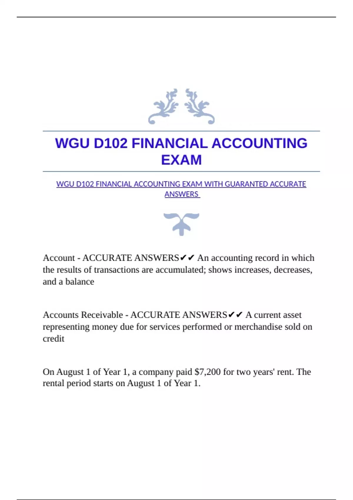 WGU D102 FINANCIAL ACCOUNTING EXAM WITH GUARANTED ACCURATE ANSWERS - WGU D102 FINANCIAL ...