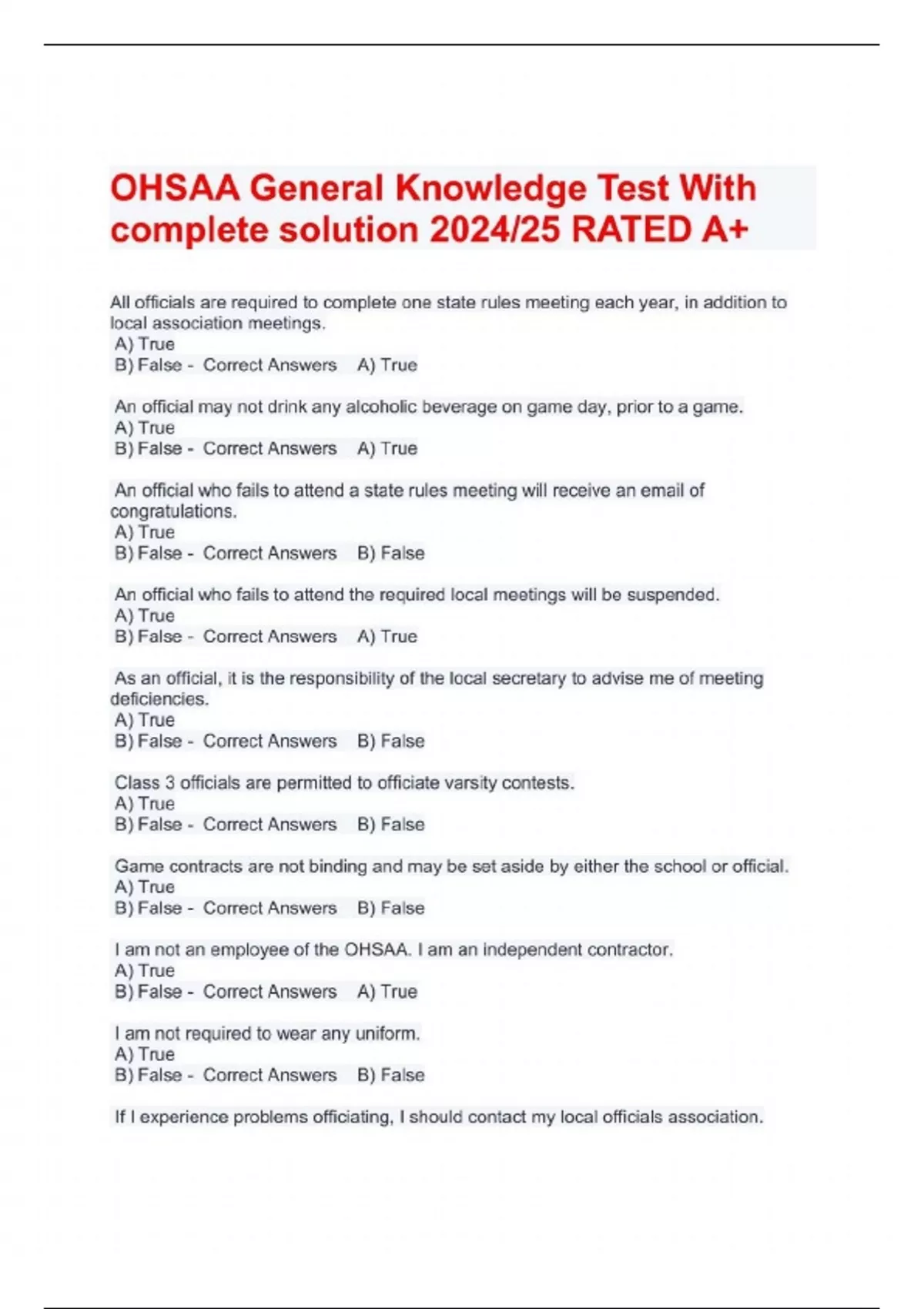OHSAA General Knowledge Test With complete solution 2024/25 RATED A+ ...