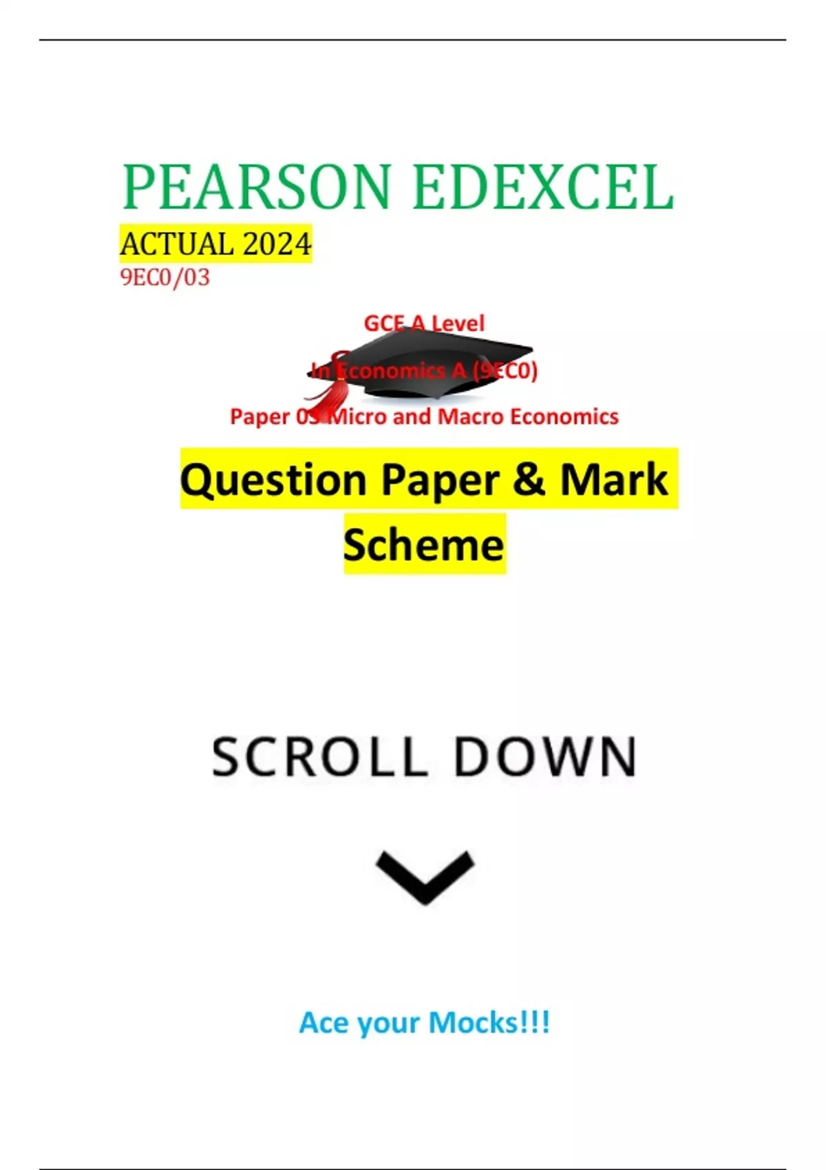 PEARSON EDEXCEL ACTUAL 2024 9EC0/03 GCE A Level In Economics A (9EC0 ...