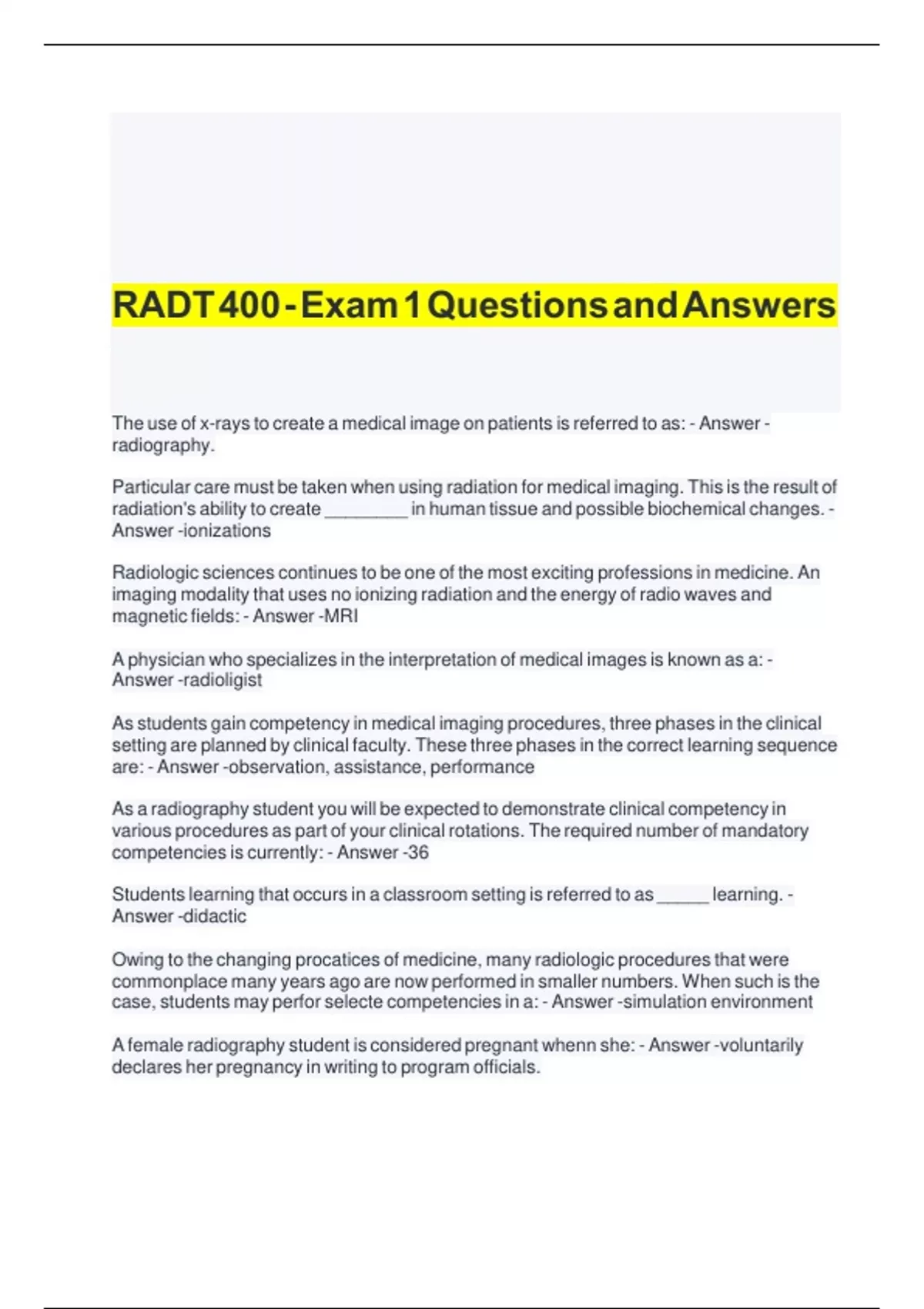 RADT 400 - Exam 1 Questions and Answers - Radt - Stuvia US