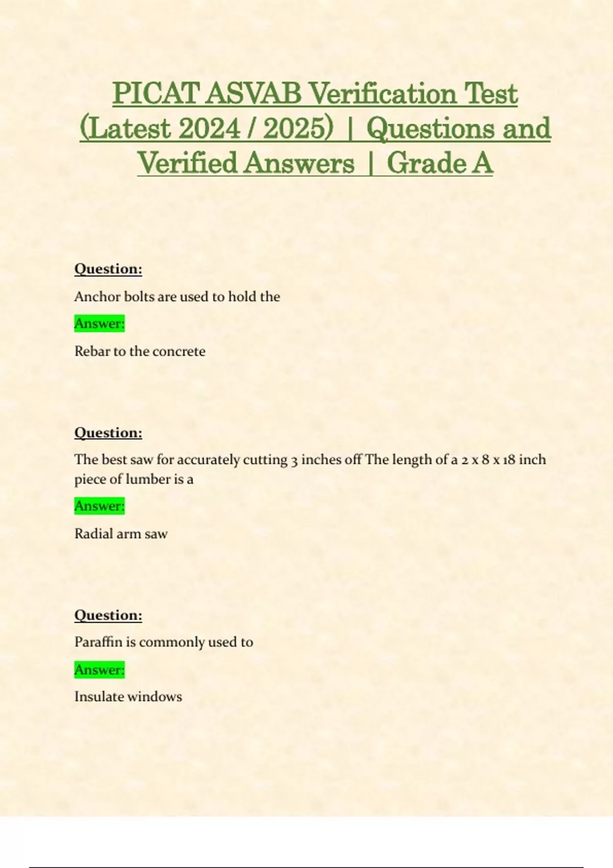 PICAT ASVAB Verification Test (Latest 2024 / 2025) | Questions and ...